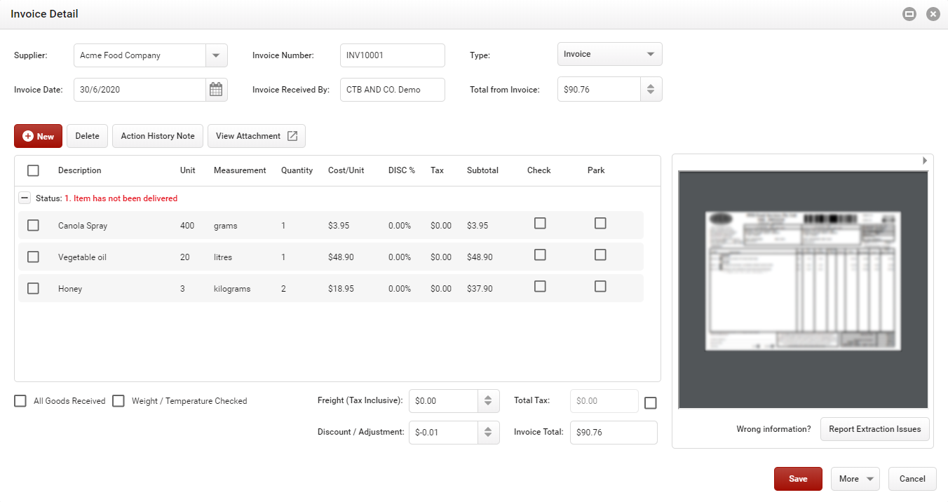 Receiving an Invoice and Credit Notes