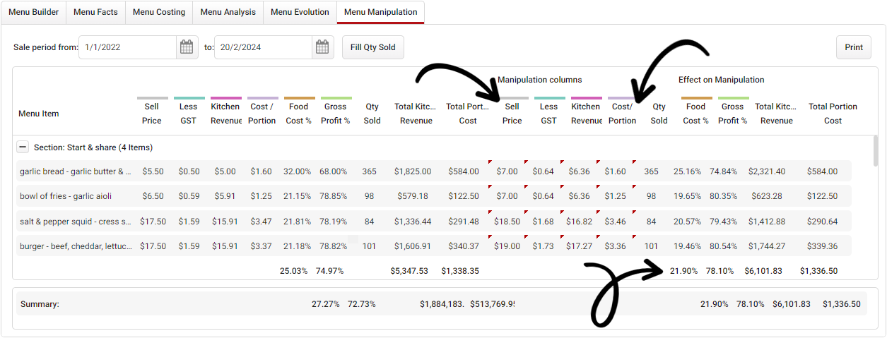 Using Menu Builder Theoretical Cost Analysis